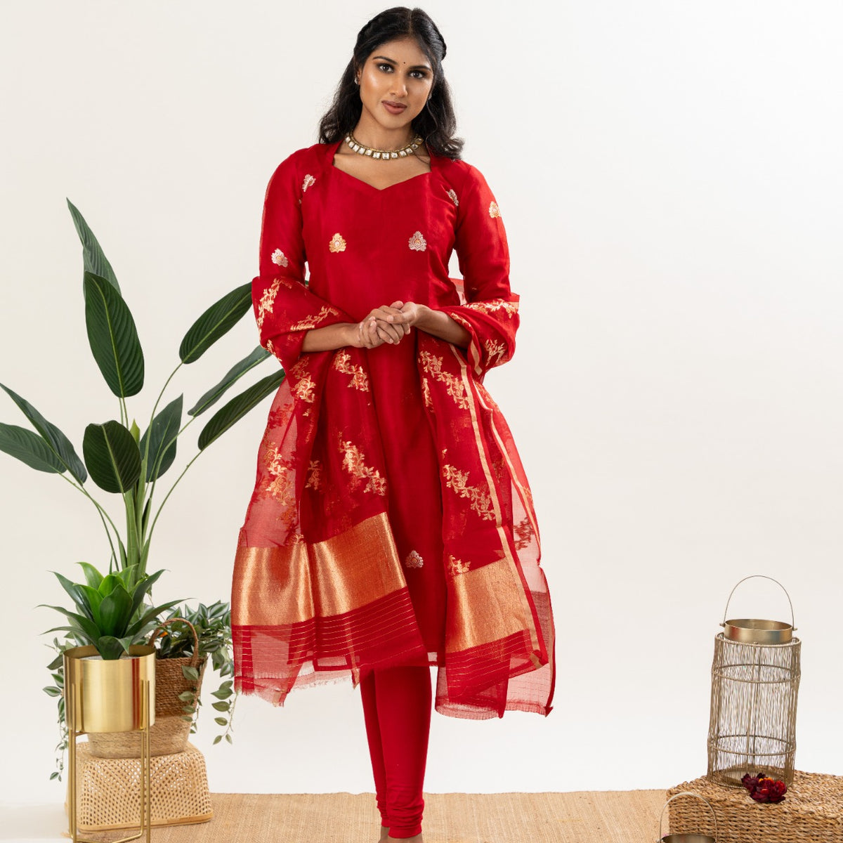 Red Pure Banarasi Kora Silk Straight Suit – SarayuExclusive